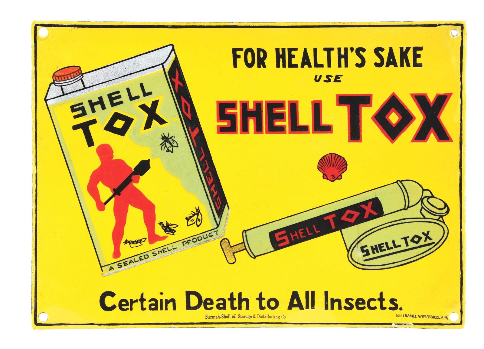 Shell Tox Insect Spray Porcelain Sign W/ Can & Sprayer Graphic.