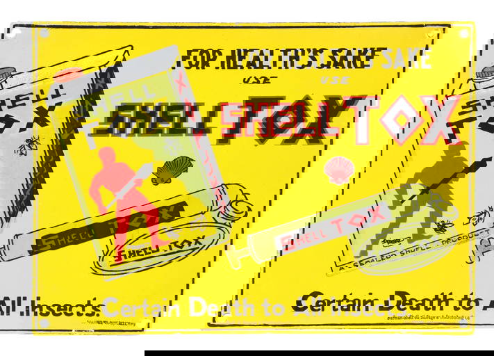 Shell Tox Insect Spray Porcelain Sign W/ Can & Sprayer Graphic.