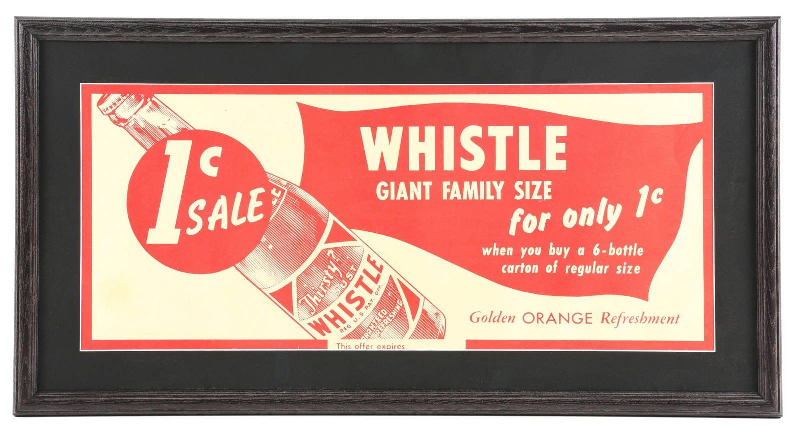 Heavy Paper Whistle Soda Sign In Frame. Auction