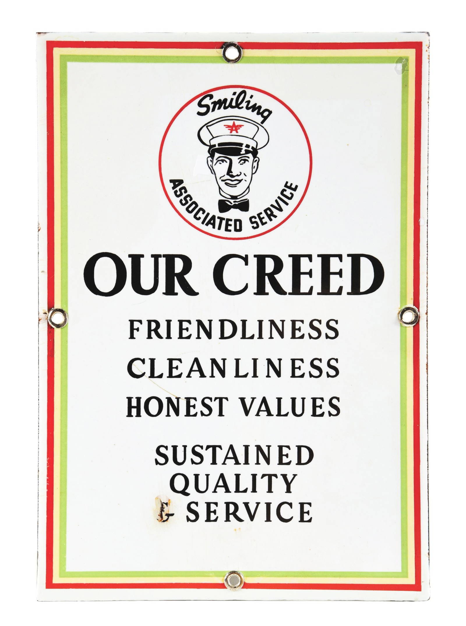 Associated "our Creed" Porcelain Service Station Sign W/ Attendant ...