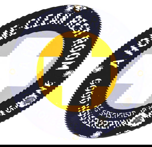 Shell Gasoline "home Clean Rest Room" Porcelain Service Station Sign.