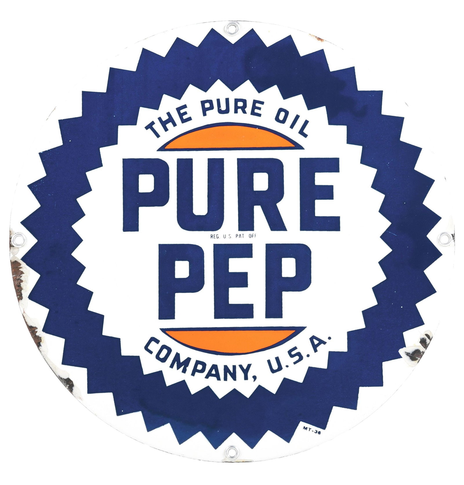 Pure Oil Co. Pure Pep Gasoline Porcelain Pump Plate Sign.
