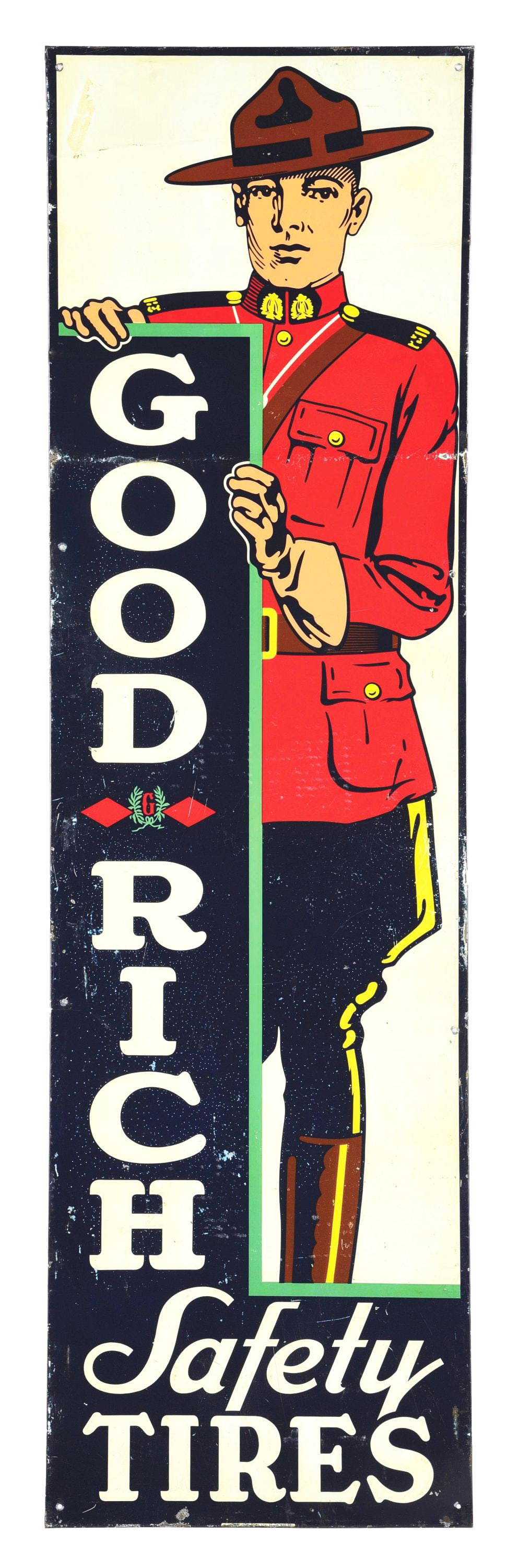 Rare Goodrich Safety Tires Tin Sign W/ Canadian Mountie Graphic. Auction