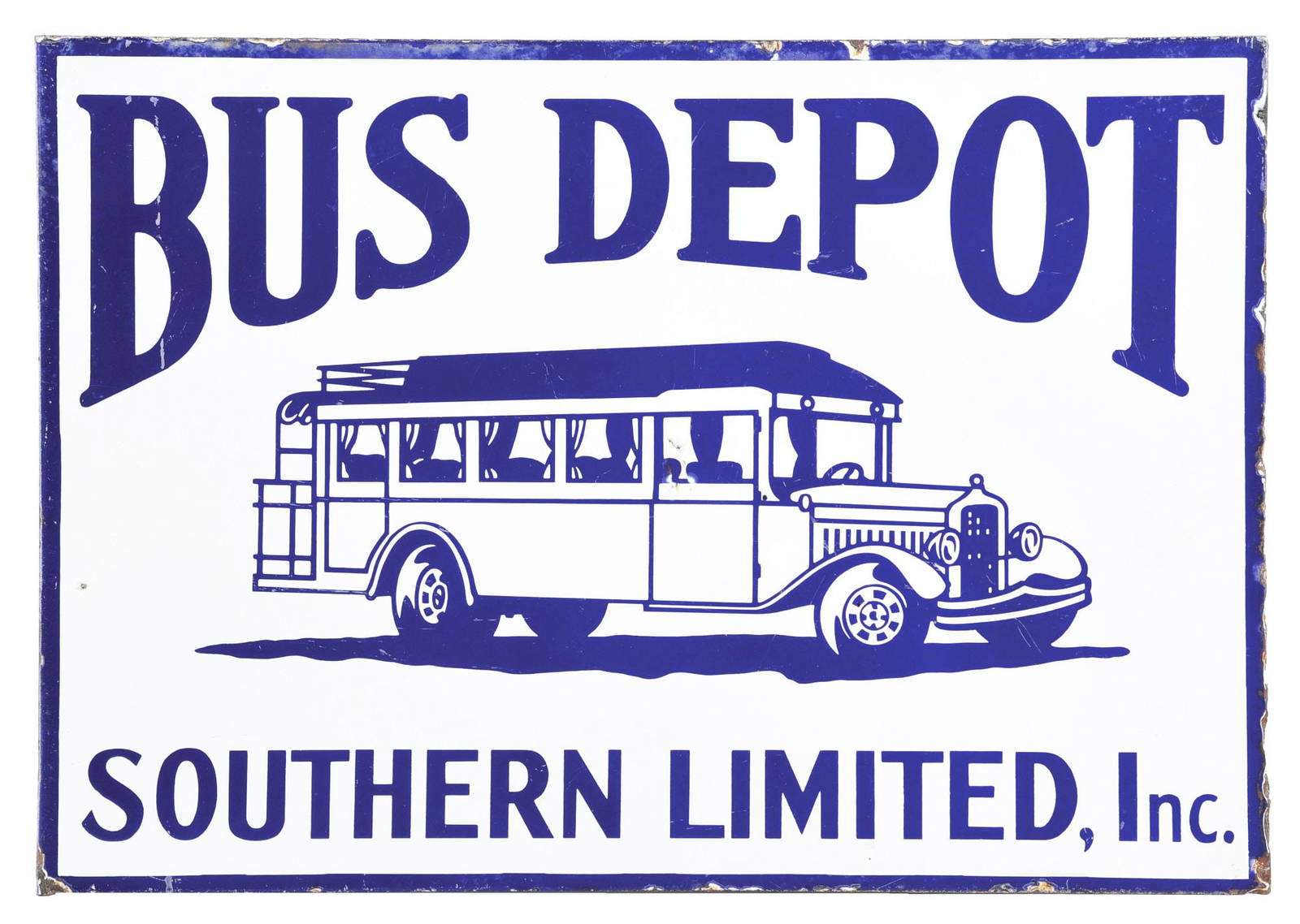 Porcelain Bus Depot Southern Limited Flange Sign W/ Bus Graphic. Auction