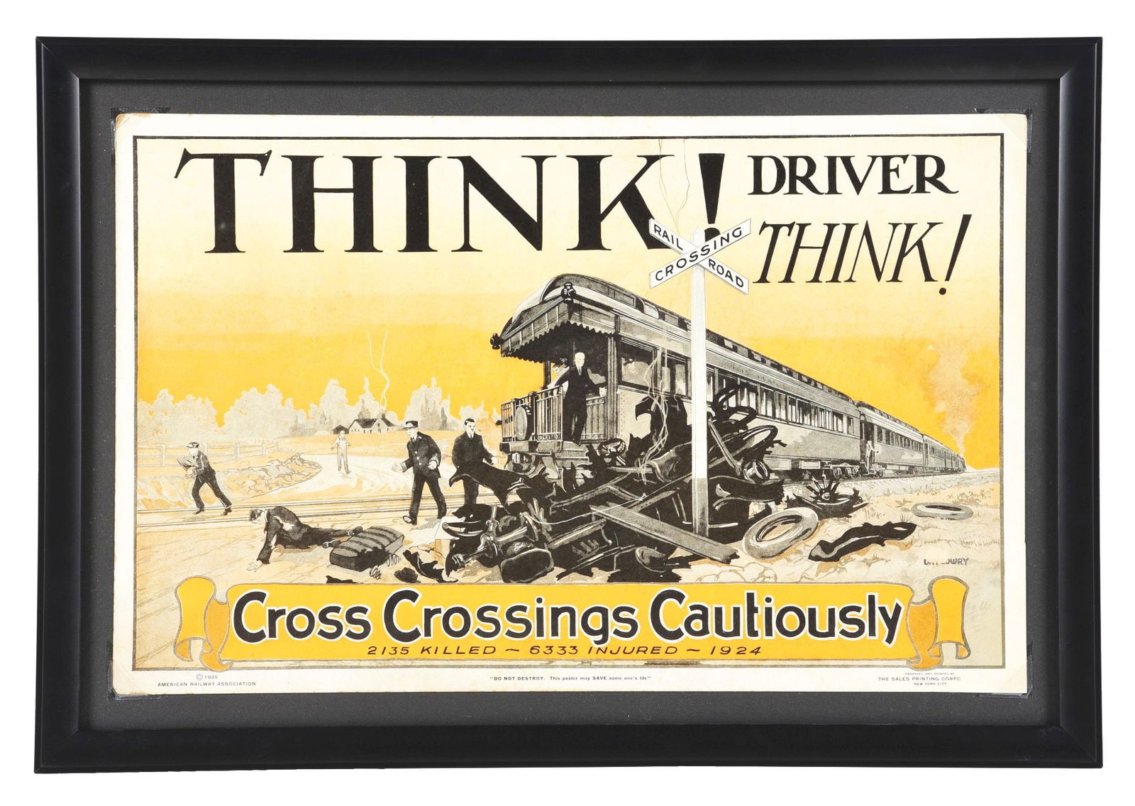 Think! Driver Think! Railroad Crossing Card Stock Lithograph W/ Train ...