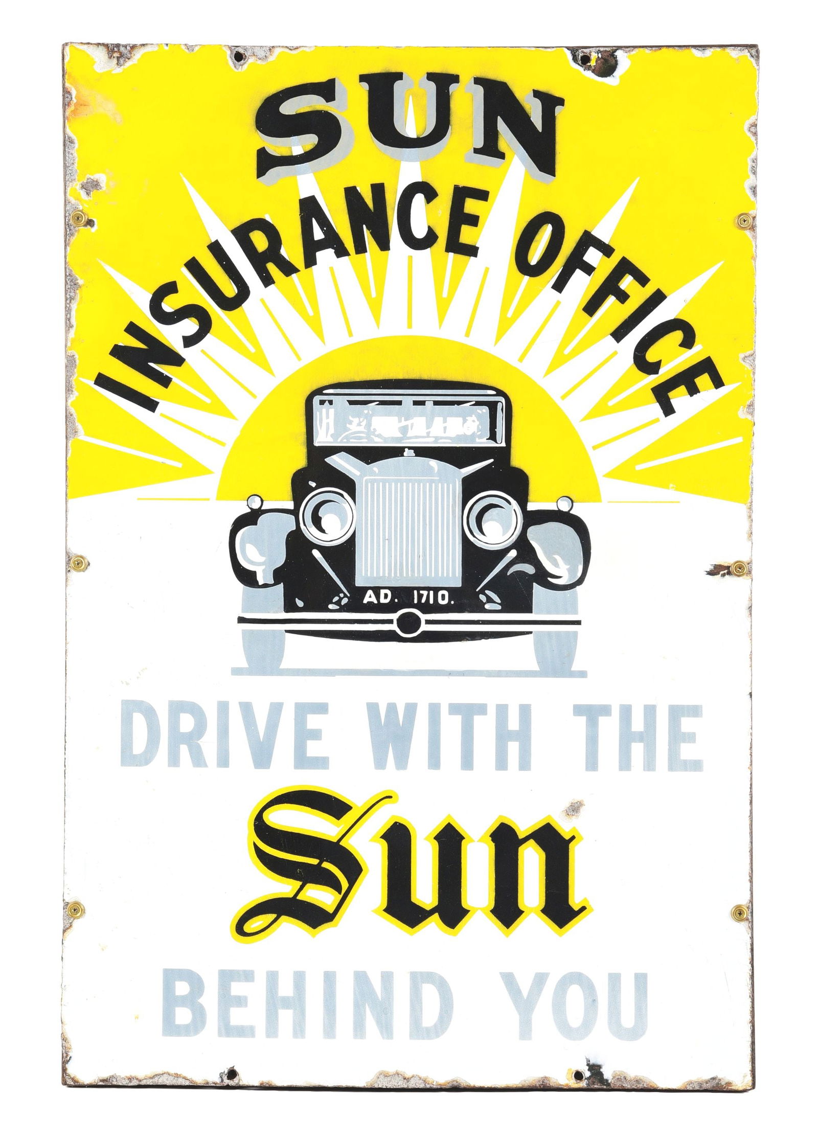 Porcelain Sun Insurance Sign W/ Automobile Graphic. Auction