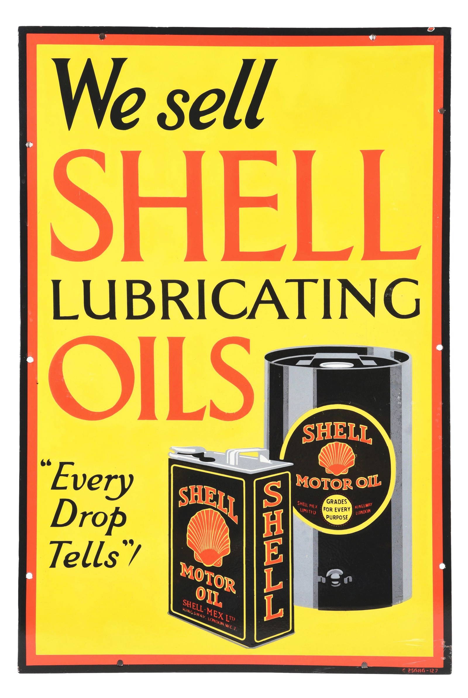 We Sell Shell Lubricating Oils Porcelain Sign W/ Can & Barrel Graphic ...