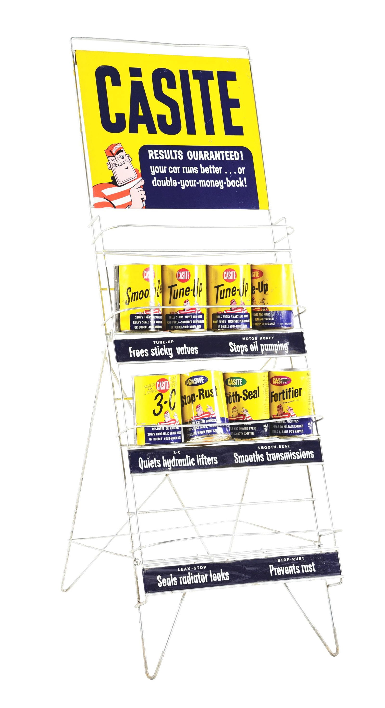 Casite Motor Oil Display Rack W/ 8 Casite Cans. Auction