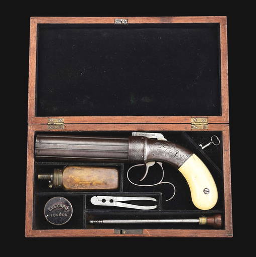(a) Cased Dragoon Sized Allen & Thurber Pepperbox Revolver.