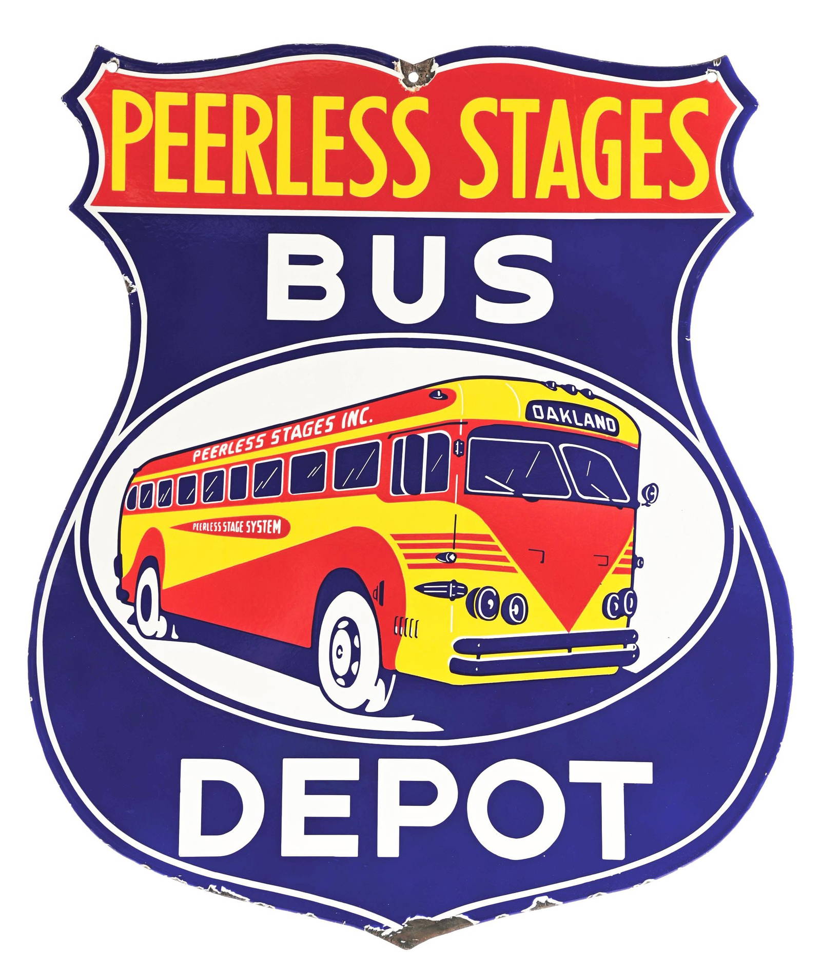 Porcelain Peerless Stages Bus Depot Sign W/ Colorful Bus Graphic. Auction