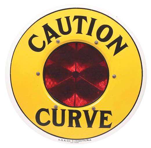 Caution Curve Lighthouse Sign W/ Original Red Reflective Glass.