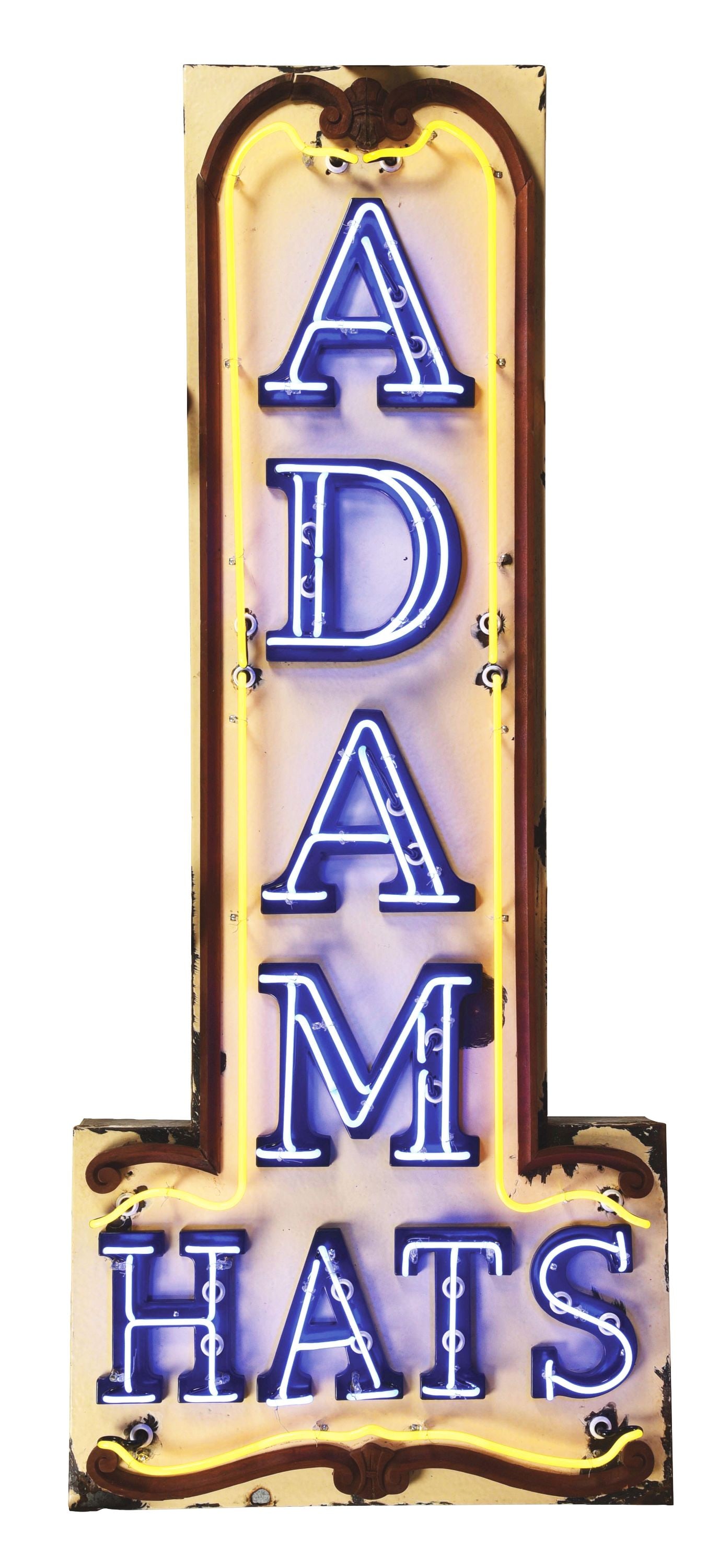 Adam Hats Porcelain Neon Sign W/ Attached 3d Letters & Wood Border. Auction