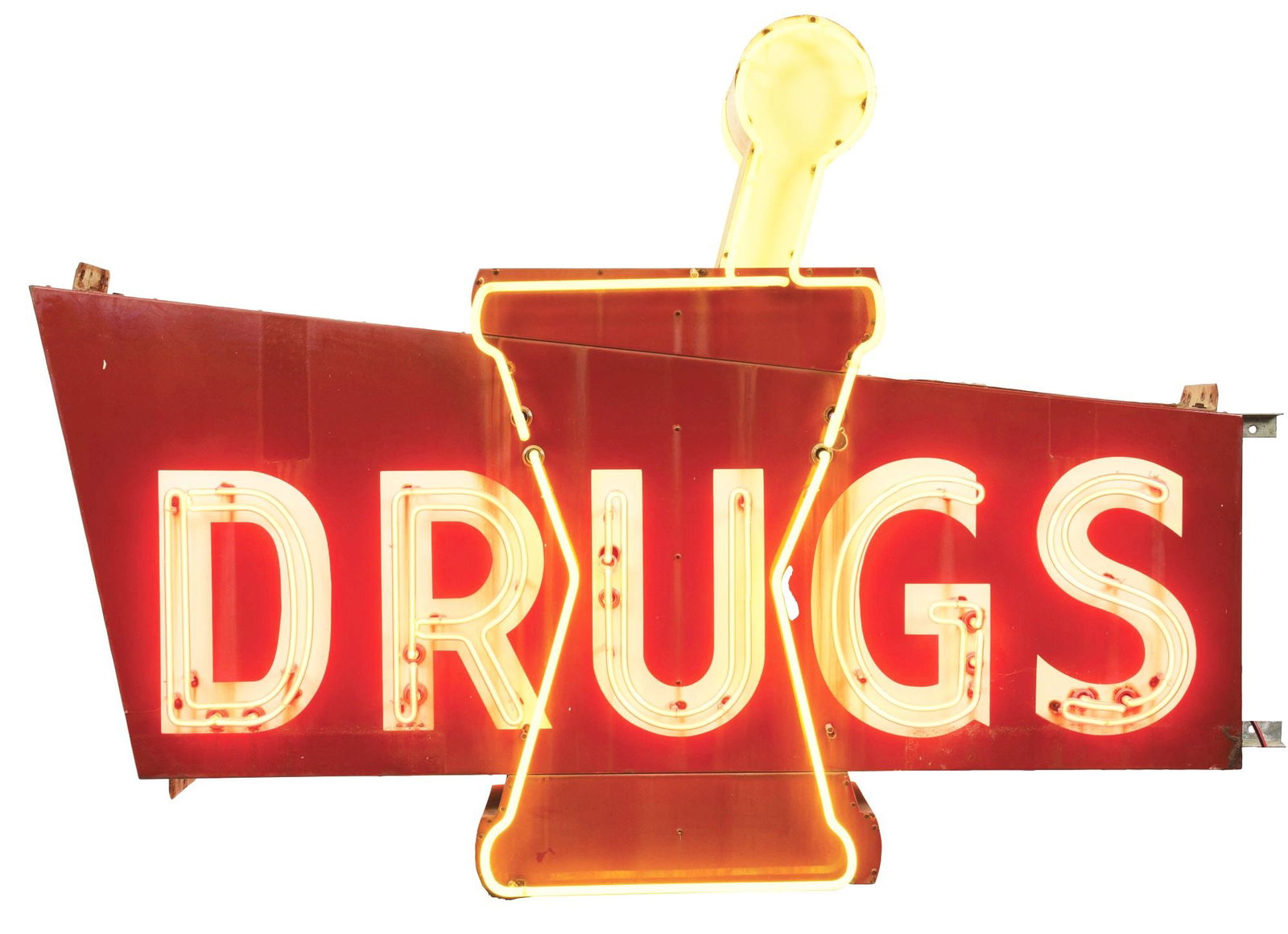 Porcelain Neon Drugs Sign W/ Mortar & Pestle Graphic.