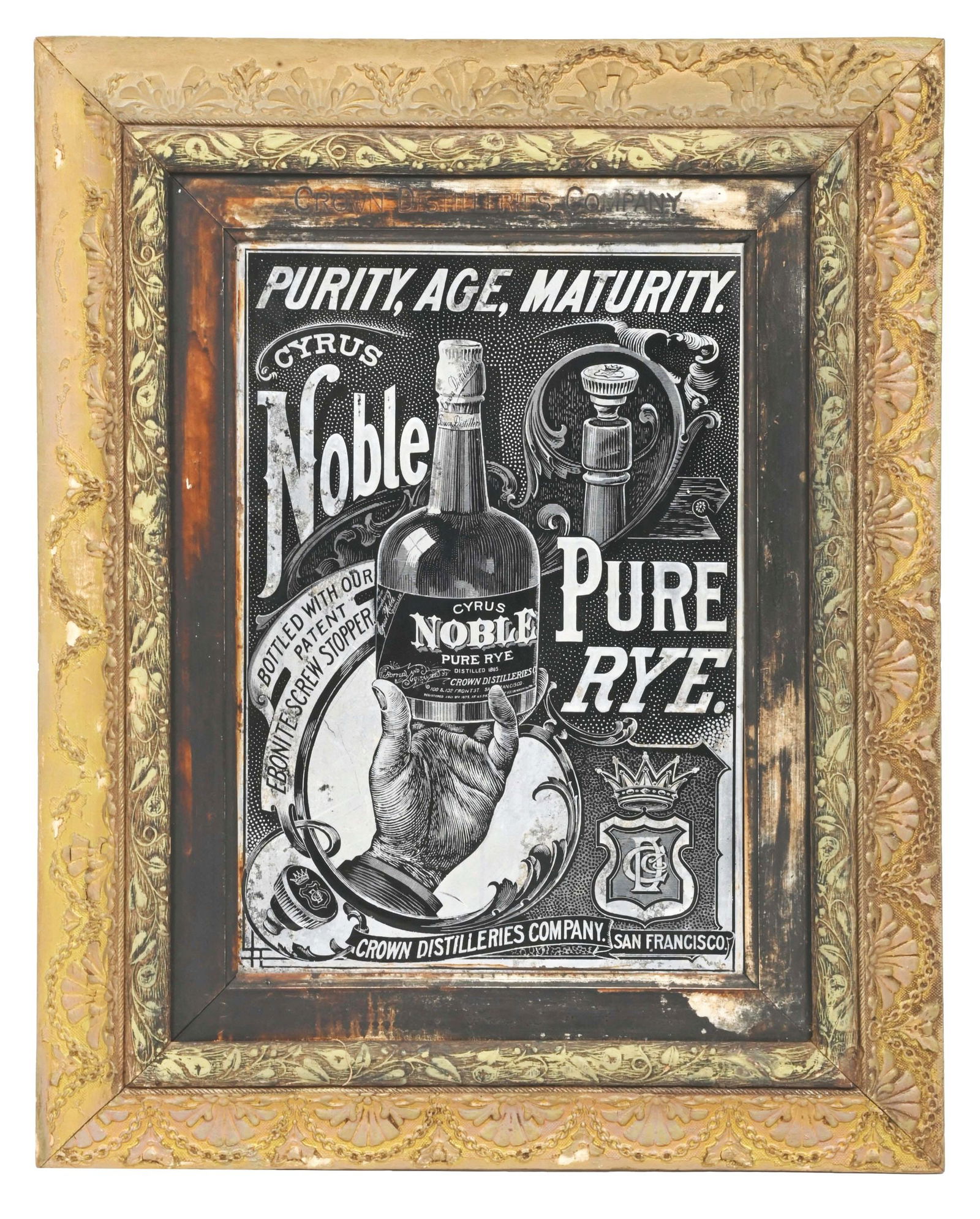 Tin Noble Pure Rye Whiskey Sign W/ Original Frame. Auction