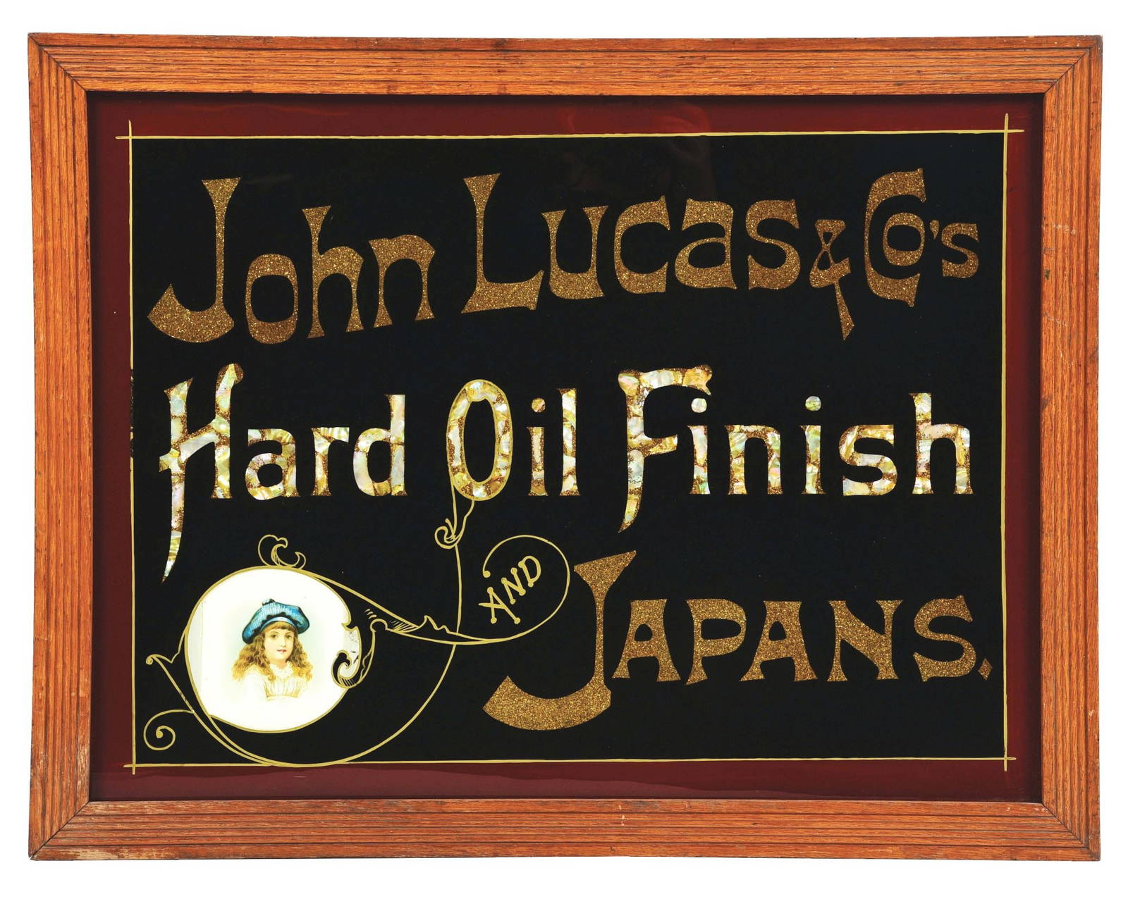 Reverse Painted Glass John Lucas & Co. Hard Oil Finish Sign. Auction