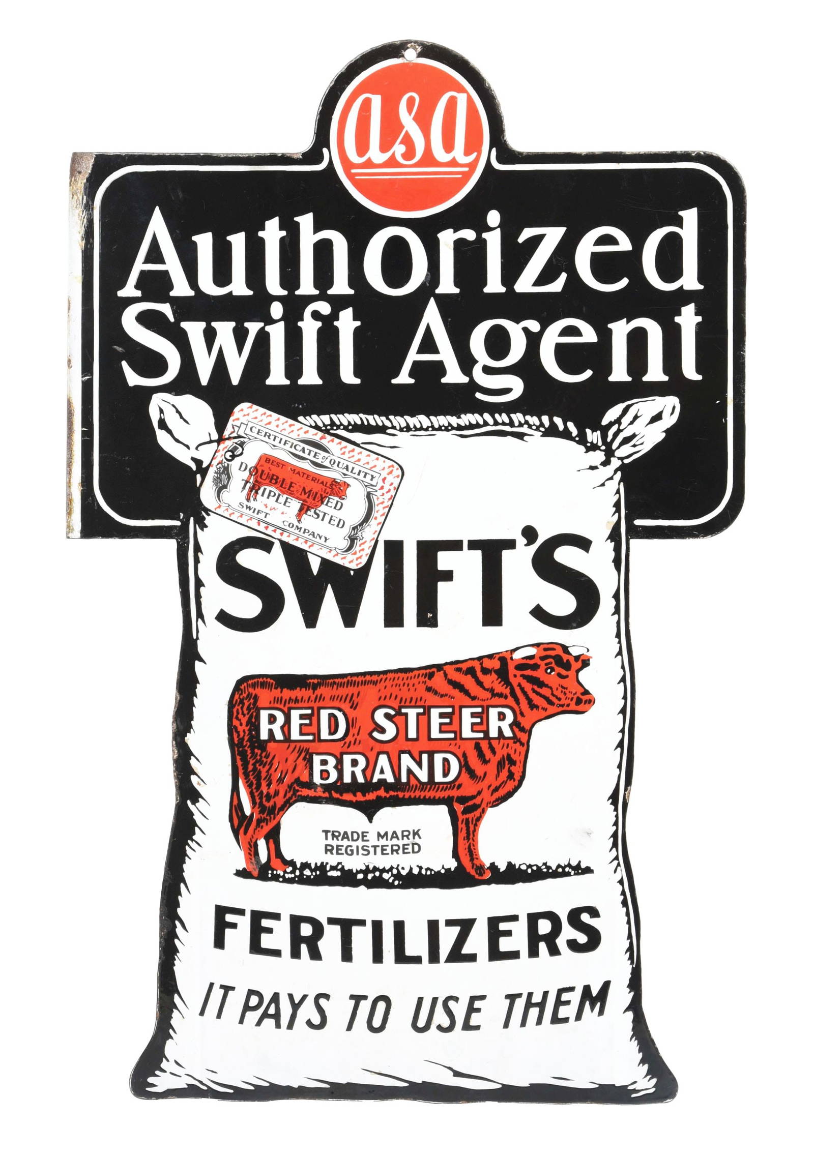 Authorized Swift Agent Porcelain Sign W/ Feed Bag And Red Steer Graphic ...