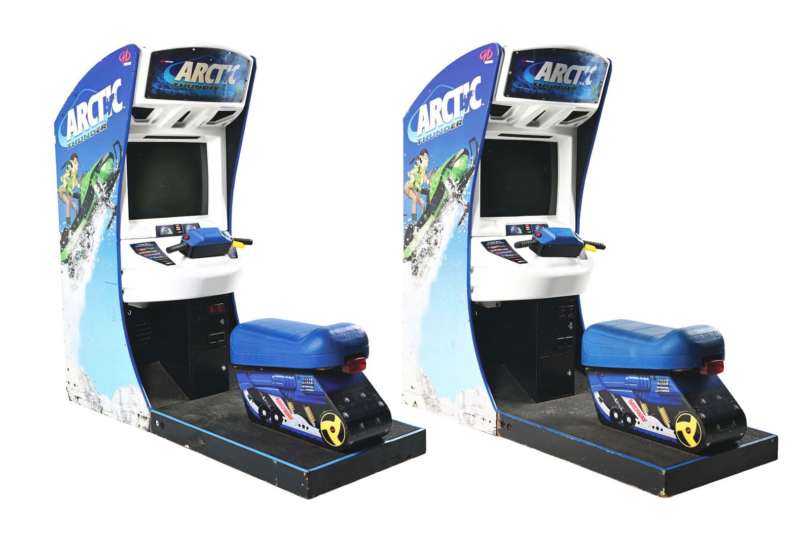 A Pair Of Midway Artic Thunder Snowmobile Driving Arcade Games.