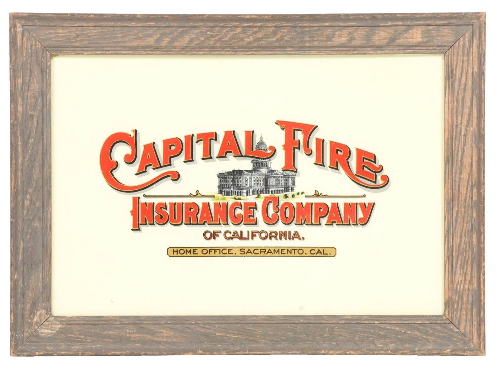Reverse Painted Glass Capital Fire Insurance Co. Sign. Auction
