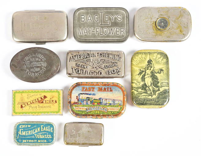 Collection Of 10: Tin Tobacco Pocket Containers.