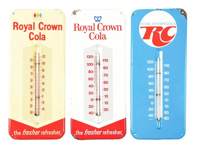 Collection Of 3: Royal Crown Cola Tin Thermometer Signs.
