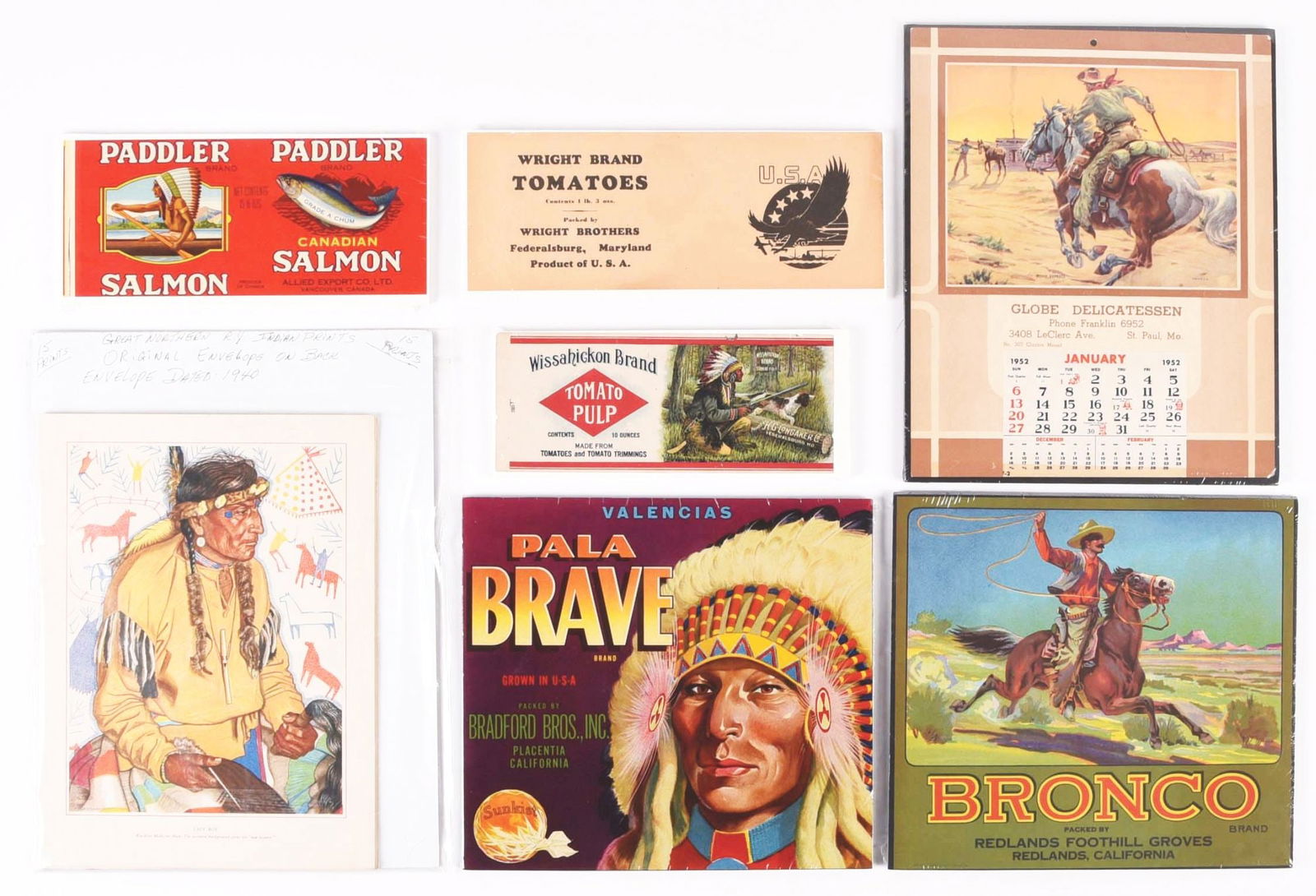 Collection Of 7: Various Lithograph Advertisements W/ Native American ...