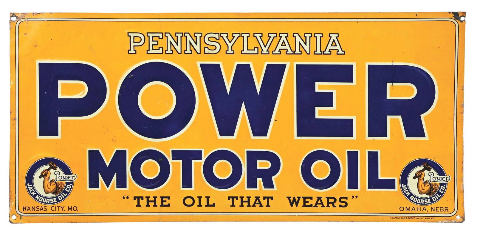 Jack Nourse Power Motor Oil "the Oil That Wears" Embossed Tin Sign. Auction