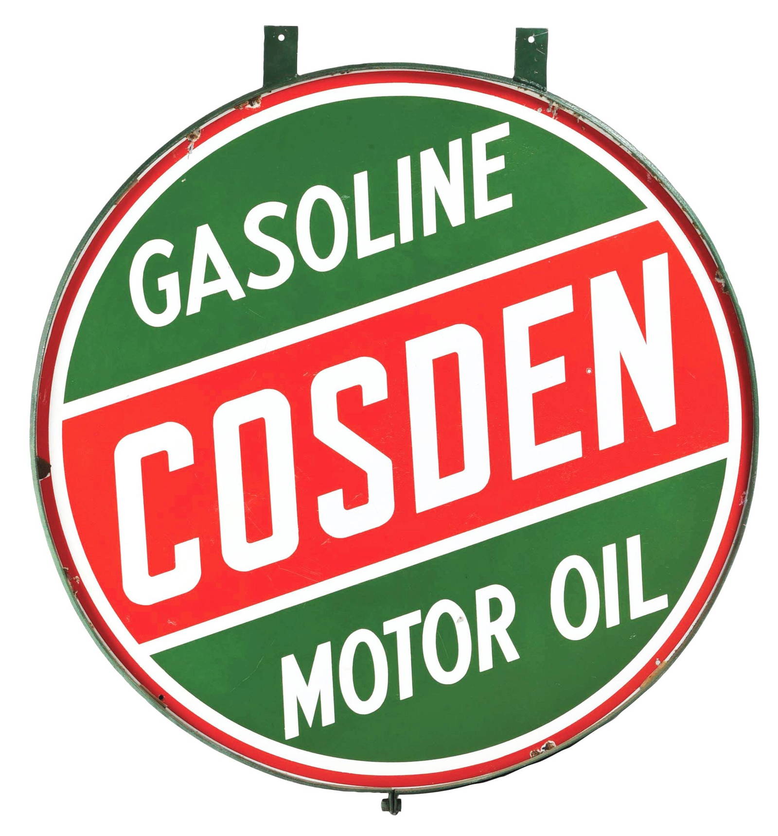 Cosden Gasoline Motor Oil Porcelain Sign W/ Metal Ring. Auction