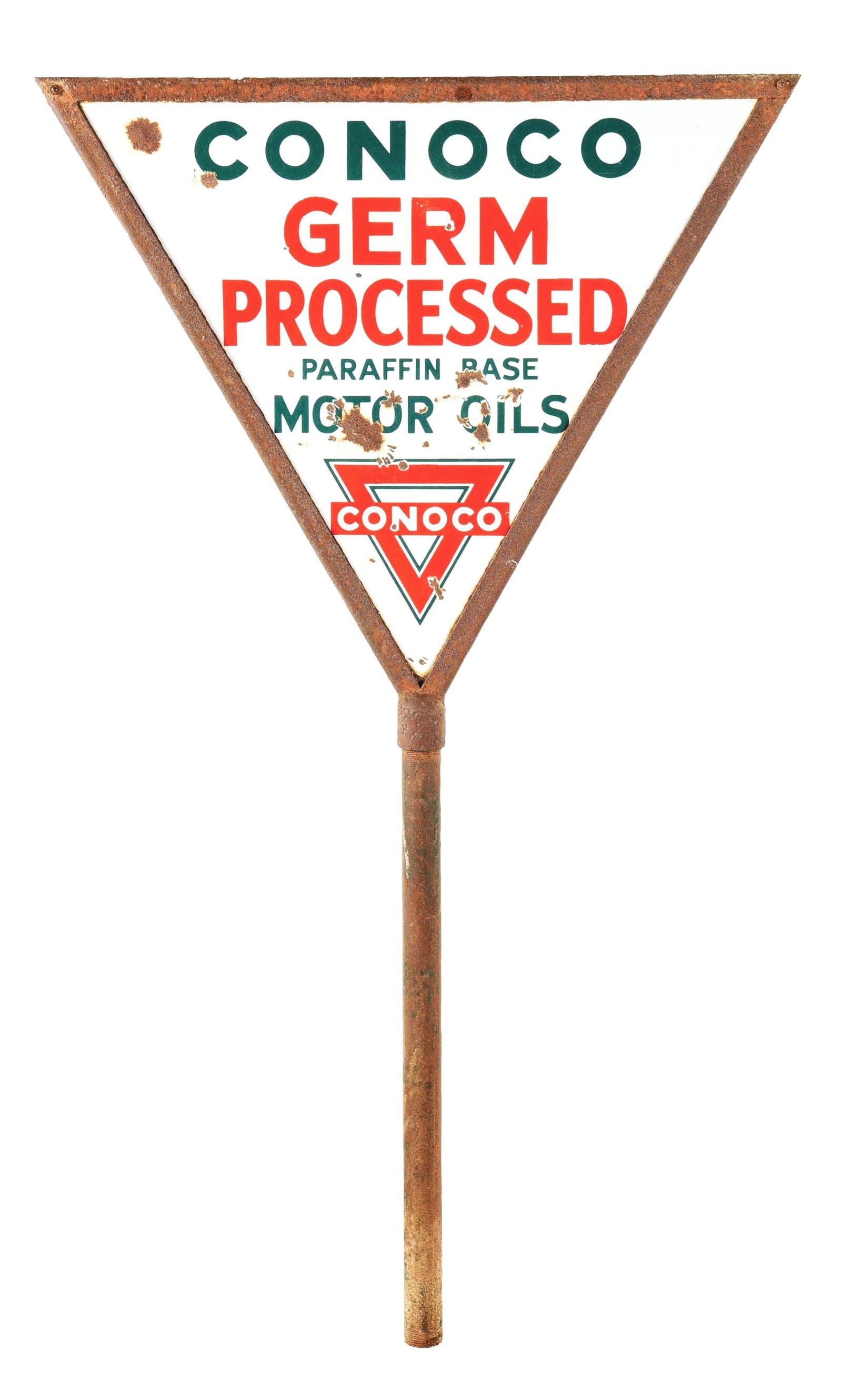 Conoco Motor Oils Porcelain Triangular Curb Sign. Auction