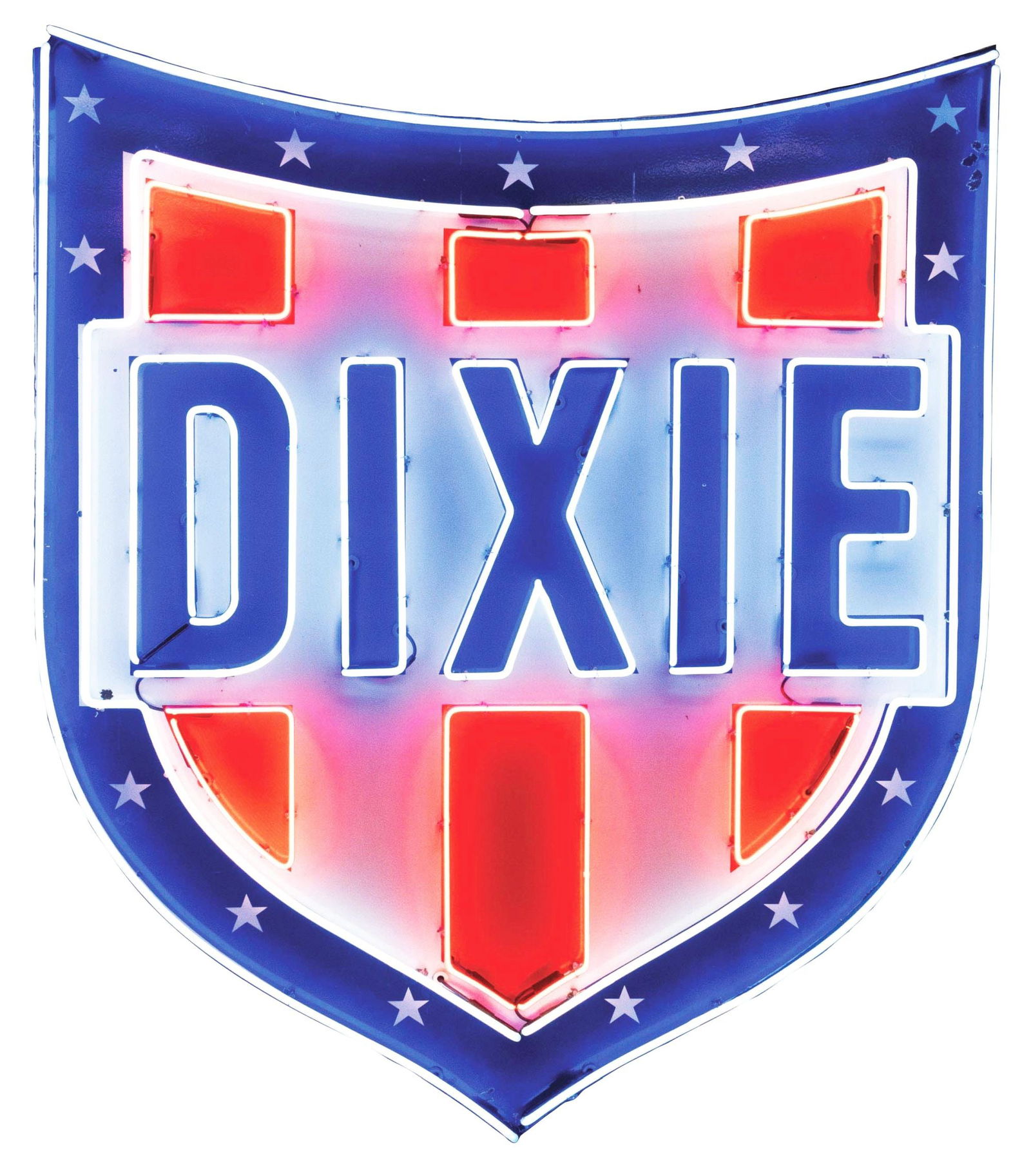 Dixie Gasoline Porcelain Shield Sign W/ Added Neon. Auction