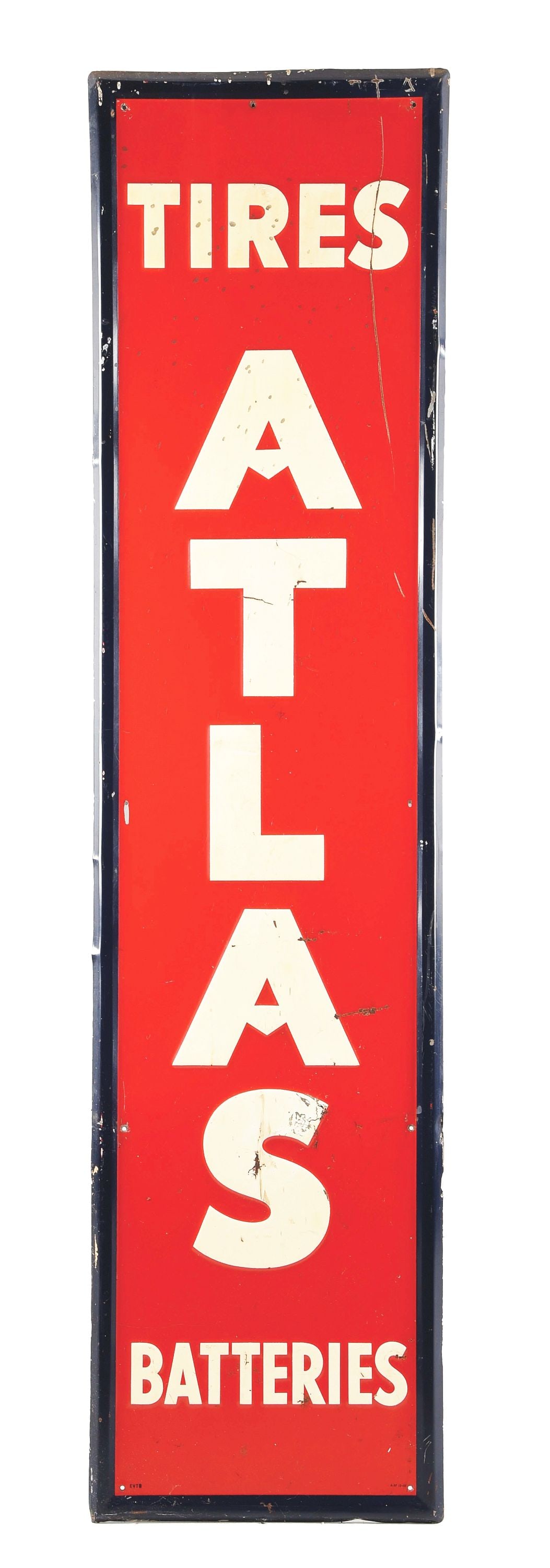Atlas Tires Batteries Self Framed Tin Sign. Auction