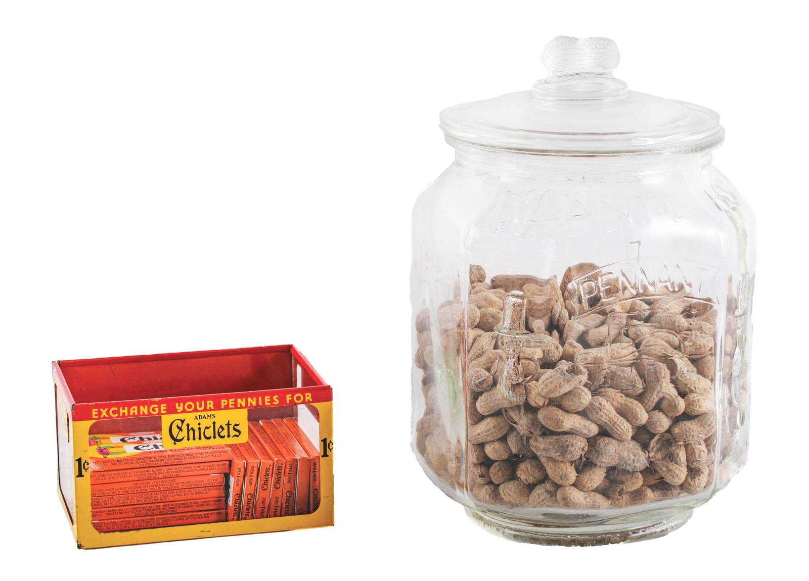 Lot Of 2: 1¢ Chiclets Counter Display & Planters Peanuts Glass Jar Auction