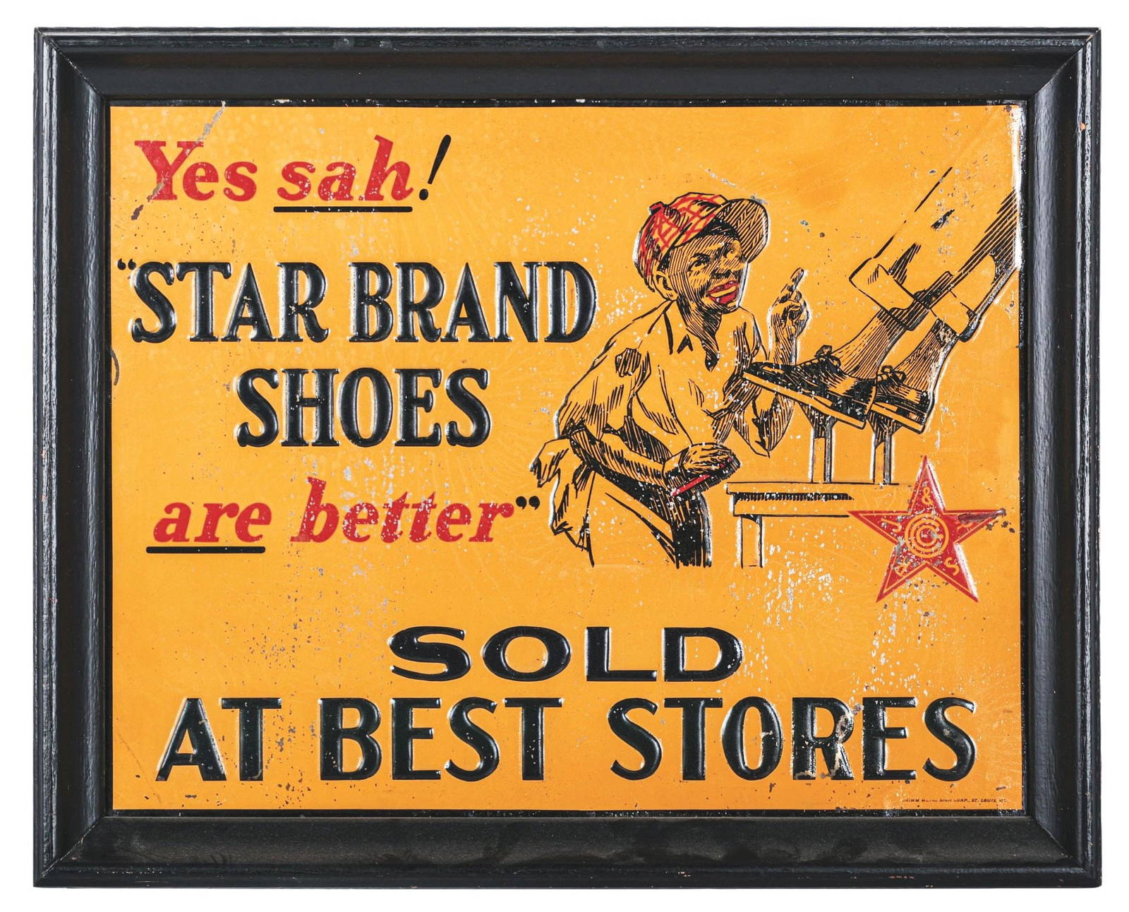 Framed "star Brand Shoes Are Better" Tin Sign Auction