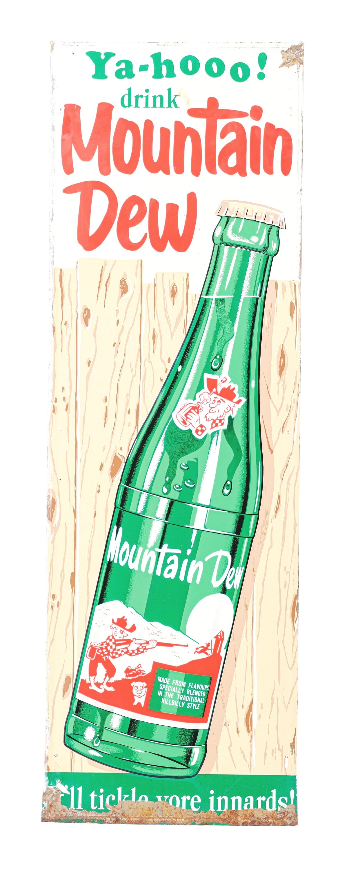 Mountain Dew Tin Bottle Sign W/ Hillbilly Graphic Auction