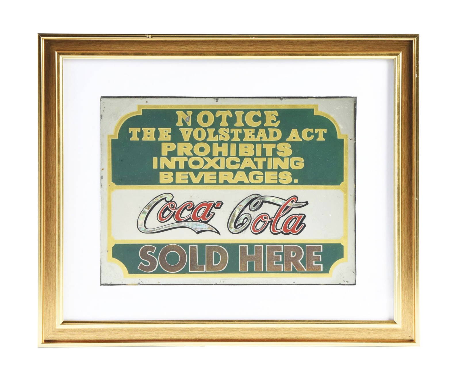 Reverse Painted Glass Coca-cola Volstead Act Sign. Auction