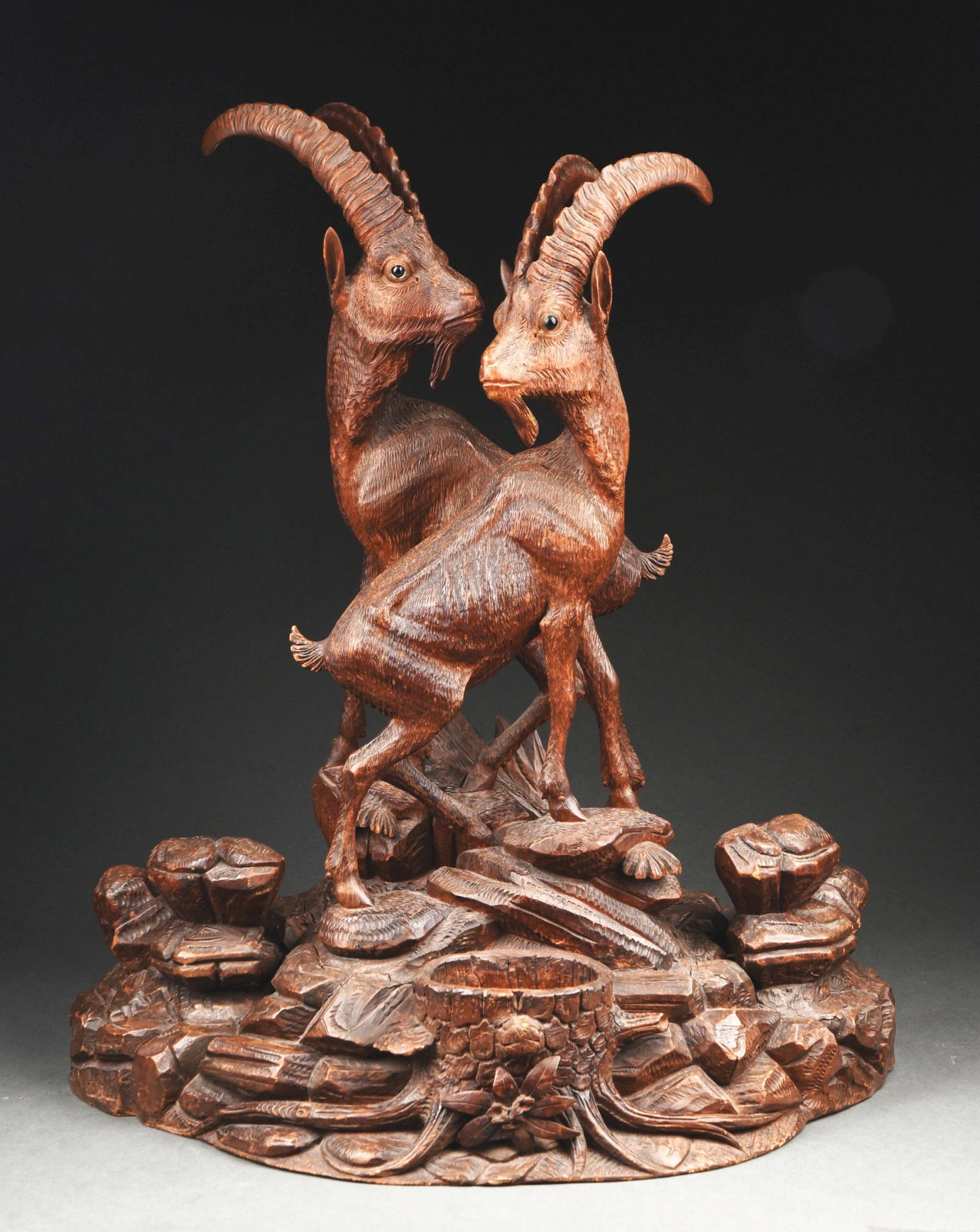 Large Black Forest Carved Wooden Mountain Goats On Rock Formed Base Auction