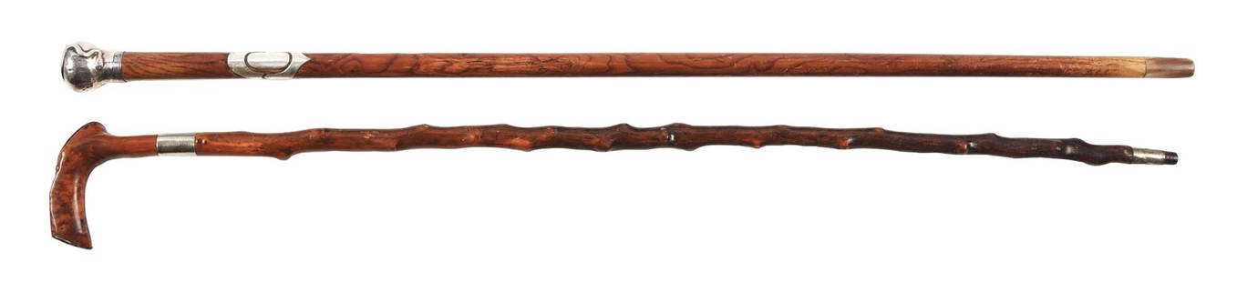 Antique Walking Stick Cane With Sterling Silver Inlay