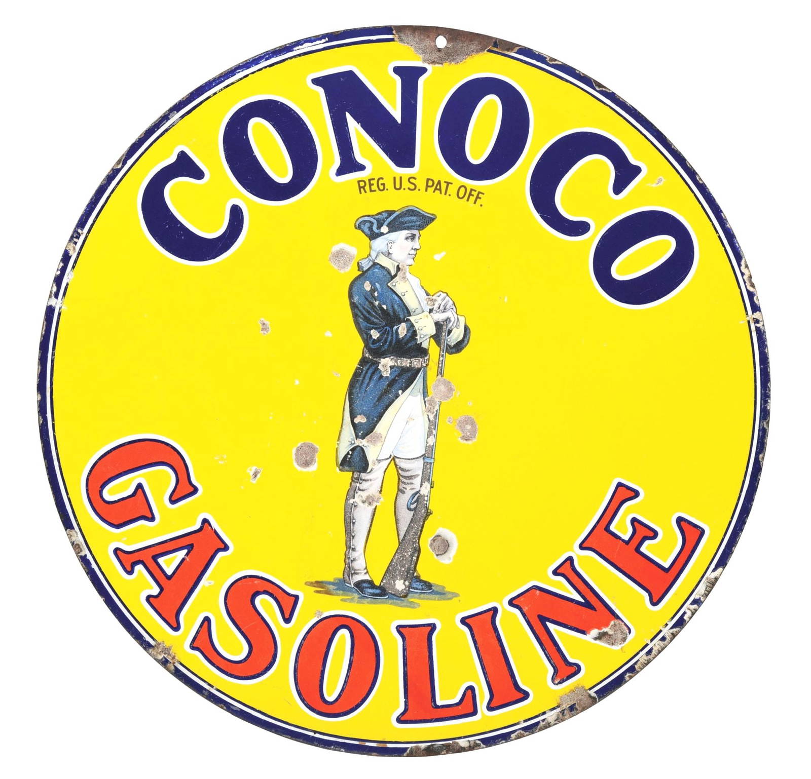Conoco Gasoline Porcelain Sign W/ Minuteman Graphic. Auction