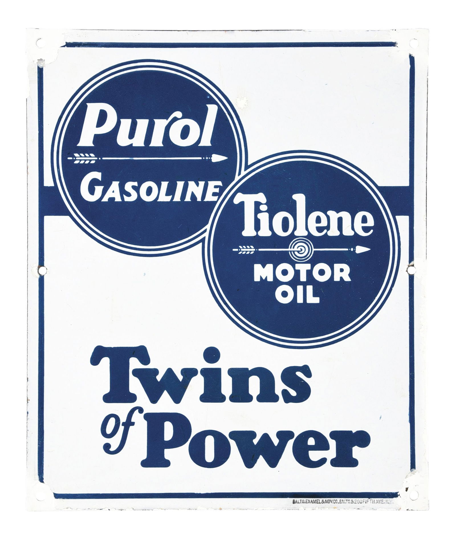 Purol Gasoline & Tiolene Motor Oils "twins Of Power" Porcelain Sign ...