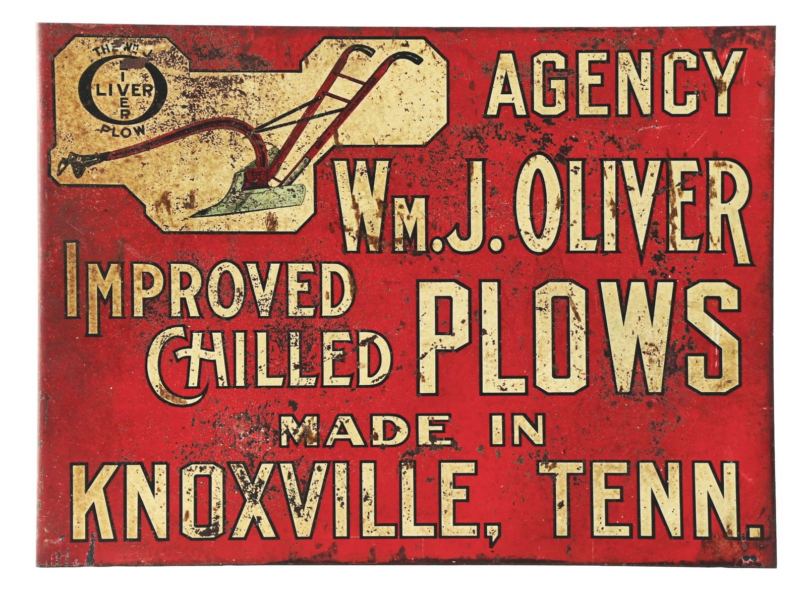 Wm. J. Oliver Improved Chilled Plows Tin Flange Sign W/ Plow Graphic And Plow. Auction