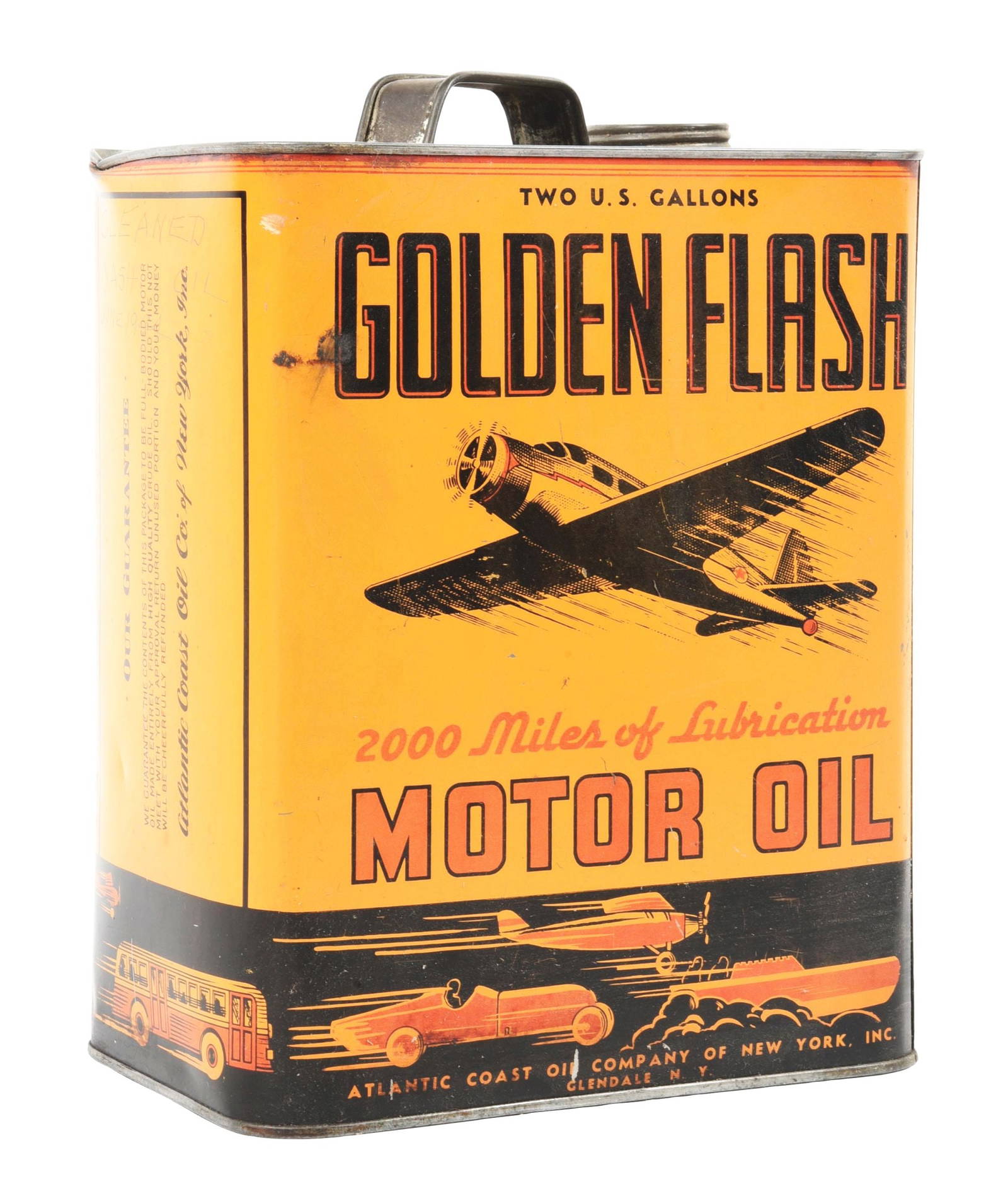 Golden Flash Motor Oil Two Gallon Can W/ Aircraft Graphic. Auction
