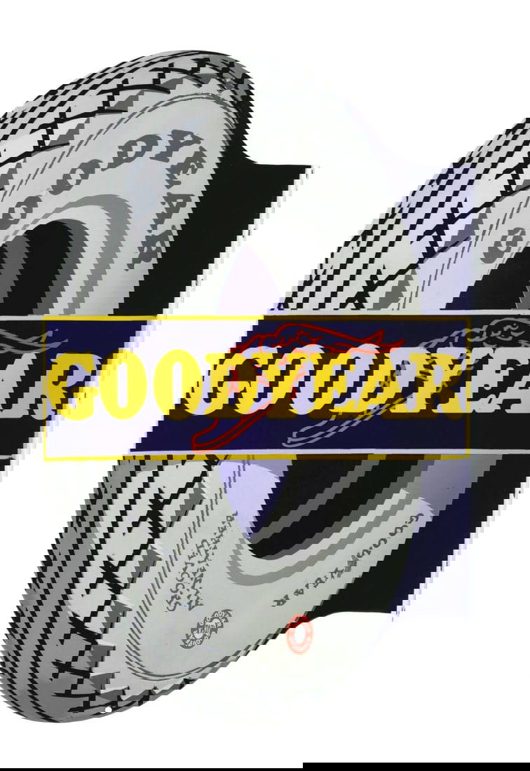 Goodyear Tires Porcelain Flange Sign W/ Tire Graphic. Auction