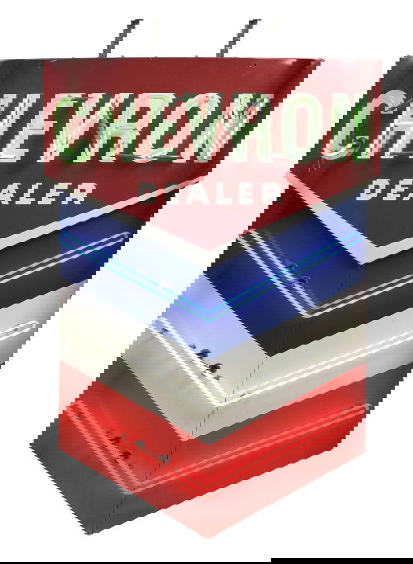 Chevron Dealer Porcelain Neon Service Station Sign. Auction