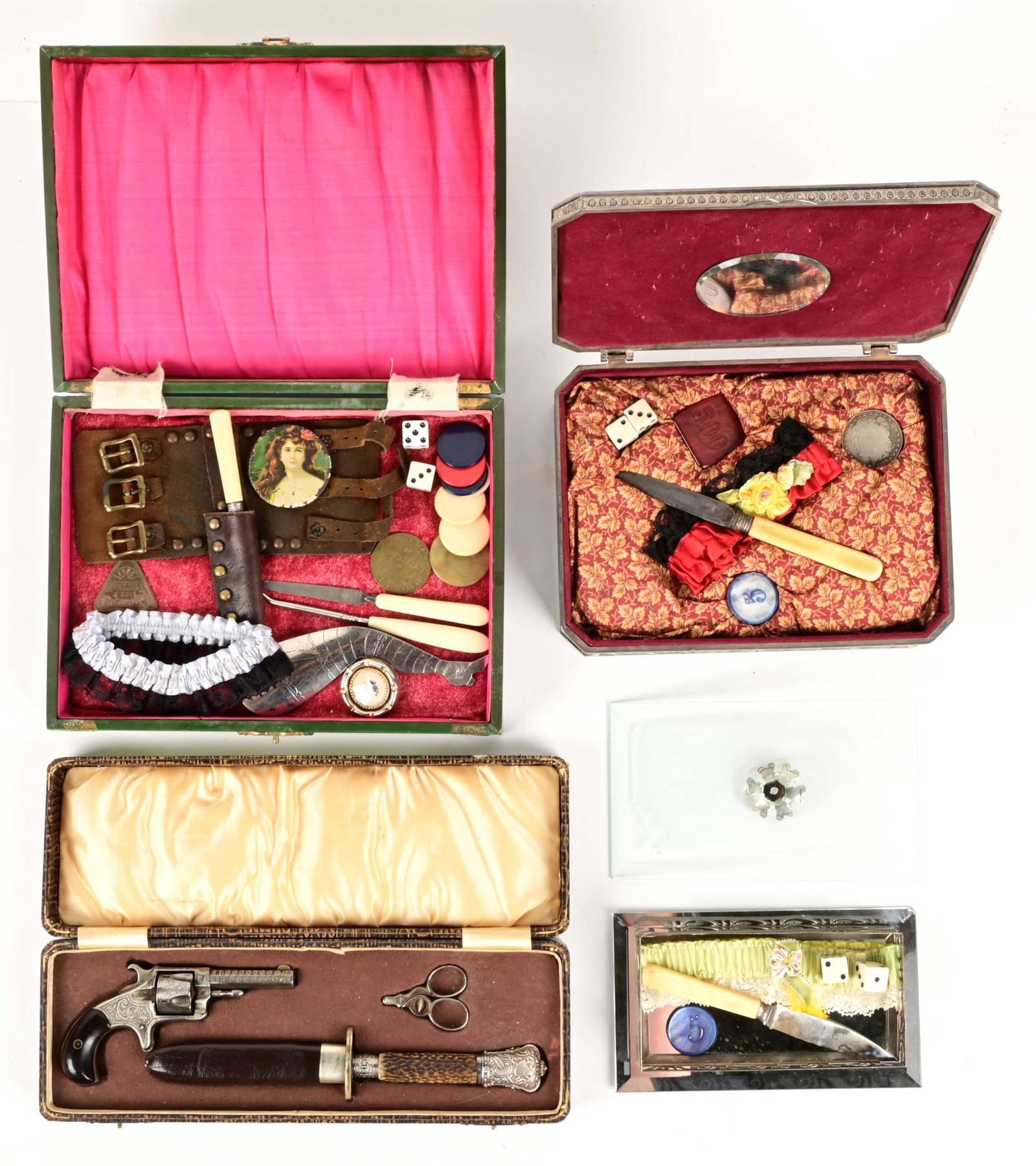 Lot Of 4 Jewelry Boxes And Gamblers Kits One With An Antique Revolver ...