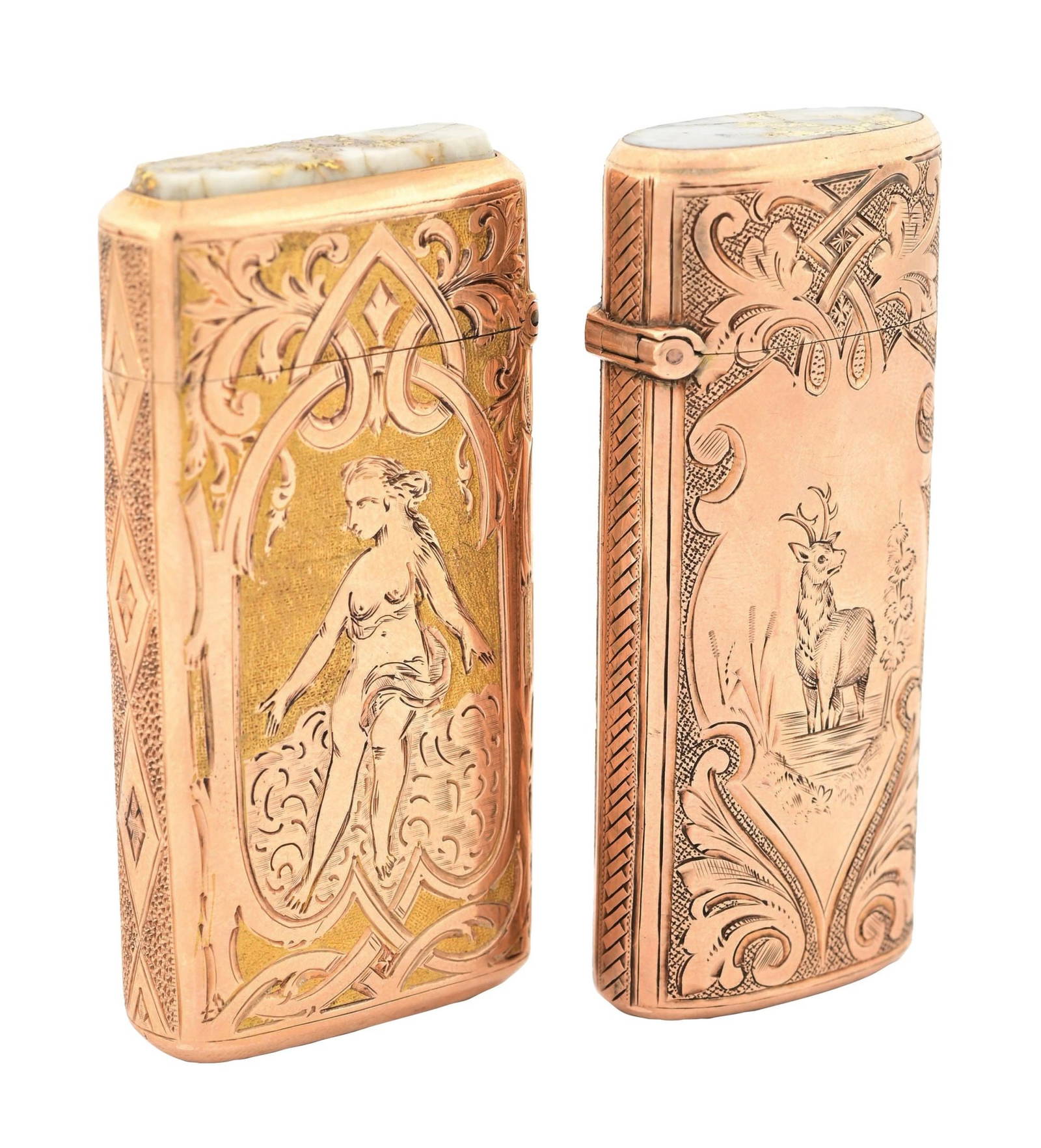 Collection Of 2 Antique Gold Quartz Engraved Match Safes Auction