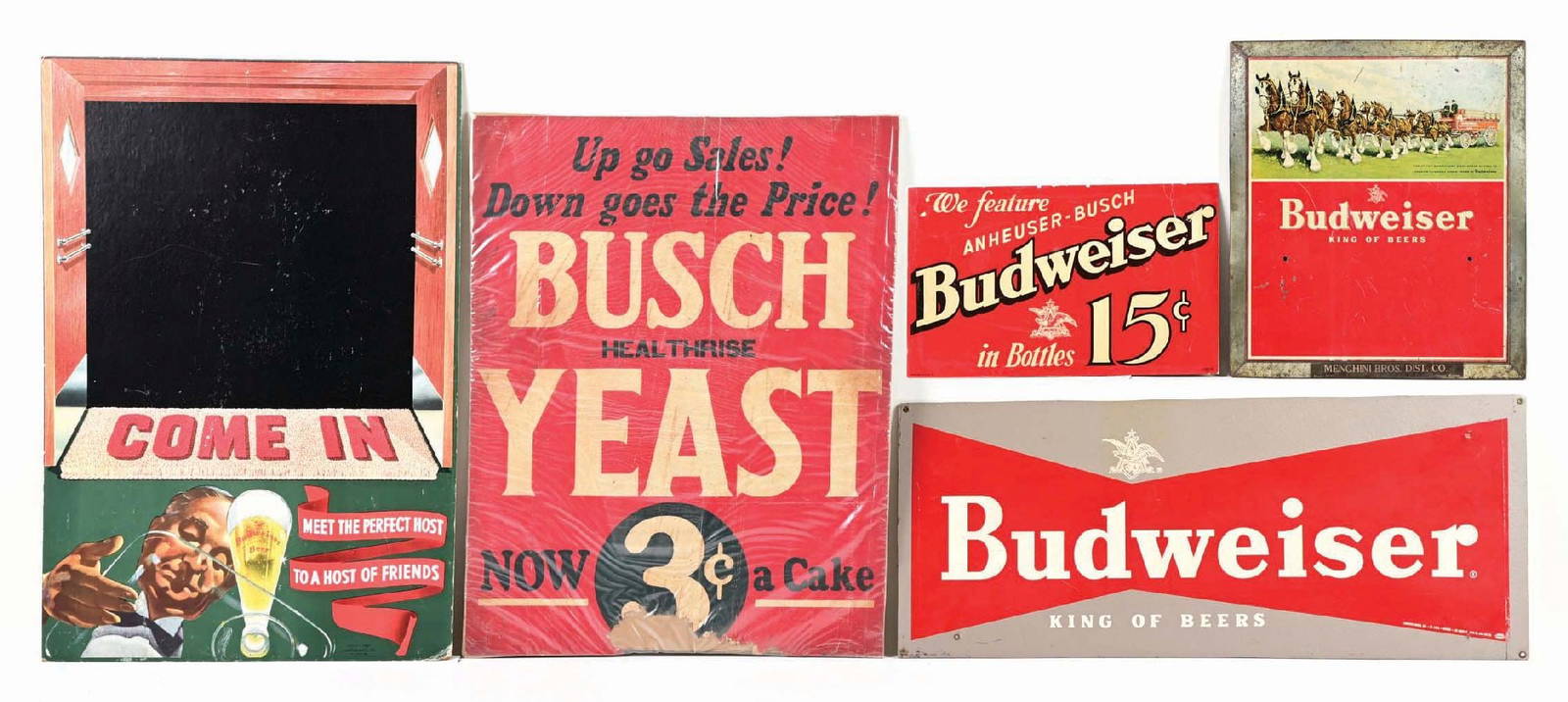 Lot Of 6: Anheuser-busch Budweiser Paper & Tin Advertising Signs Auction