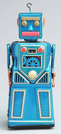 Tin Litho Hook Robot In Iridescent Dark Blue.