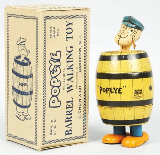Tin Litho Chein Popeye Barrel Walking Wind Up Toy