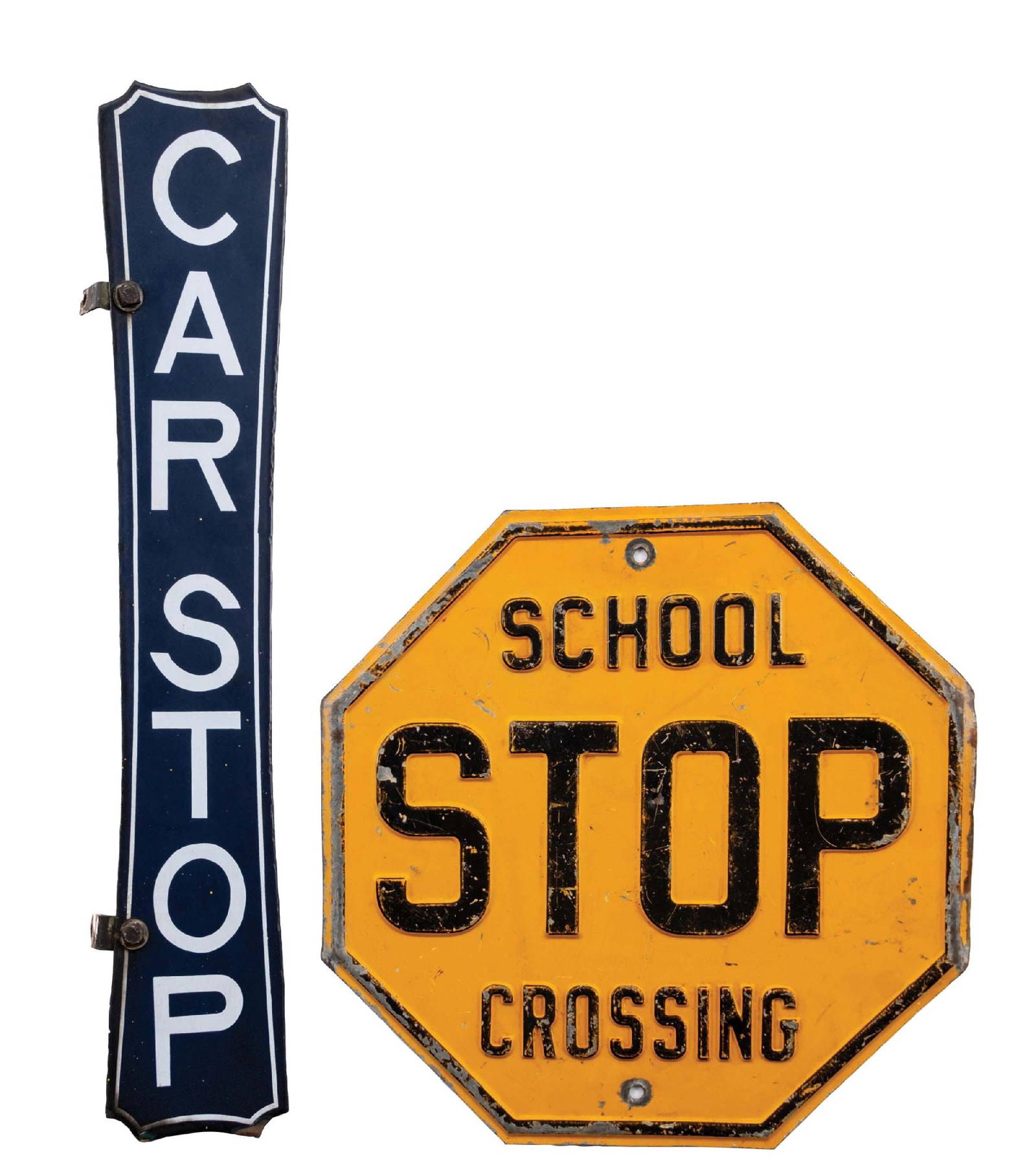 Collection Of 2: Car Stop And Embossed Stop Sign Auction