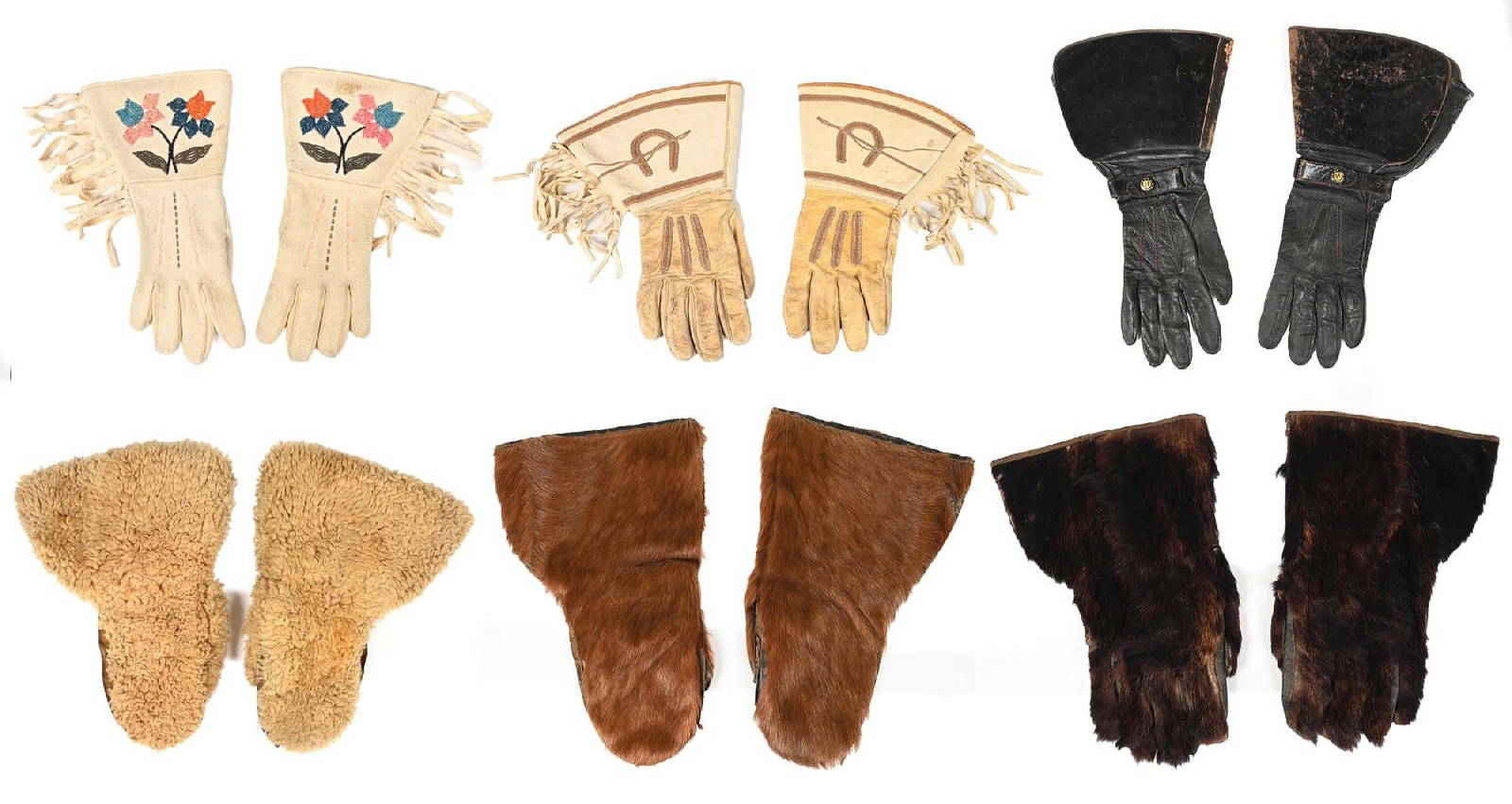 Lot Of 6: Native American Beaded Gauntlets And Animal Fur Mittens. Auction