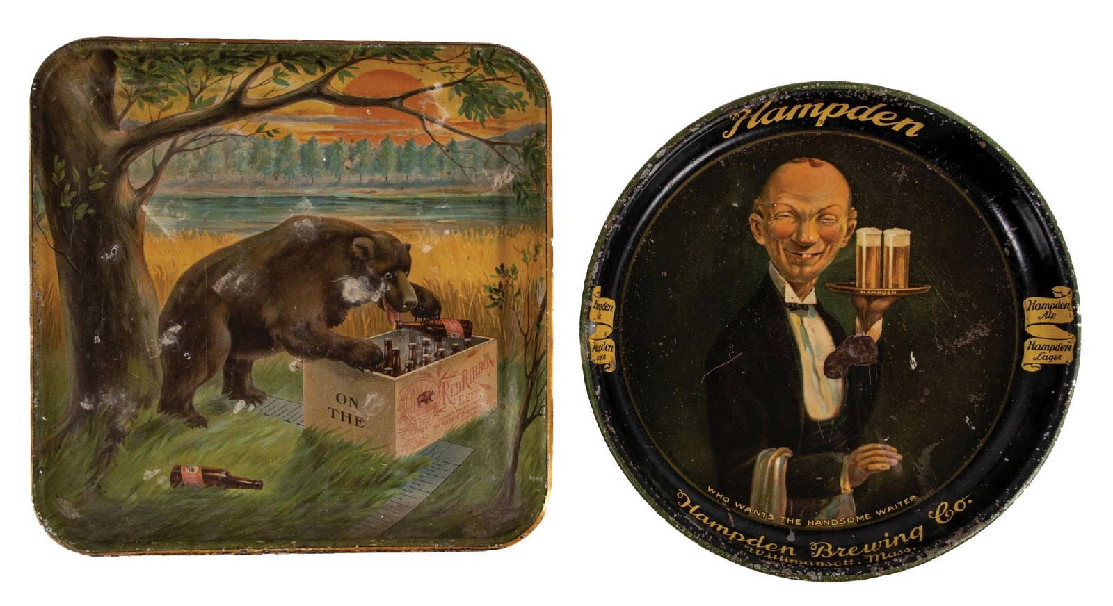 Pair Of Hampden Brewing Co. & Red Ribbon Beer Lithographed Tin Serving ...